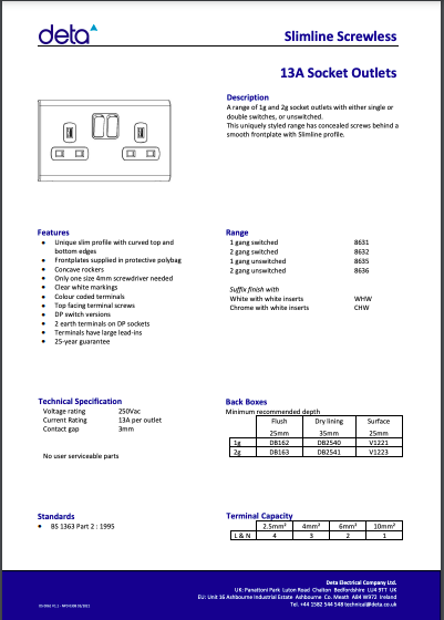 DS 0061 V1.1 – Slimline Screwless – 13A Socket Outlets – Tech Spec