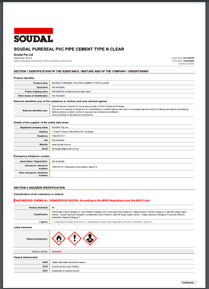 Soudal Pureseal PVC Pipe Cement Type N Clear sds – Tech Spec