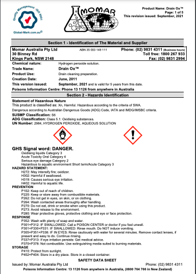 Drain Ox SDS – Tech Spec