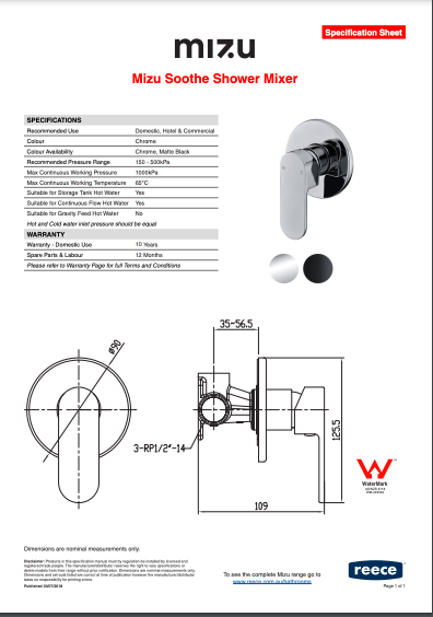 Specification Sheet-Mizu Soothe Shower Mixer Tap – Tech Spec