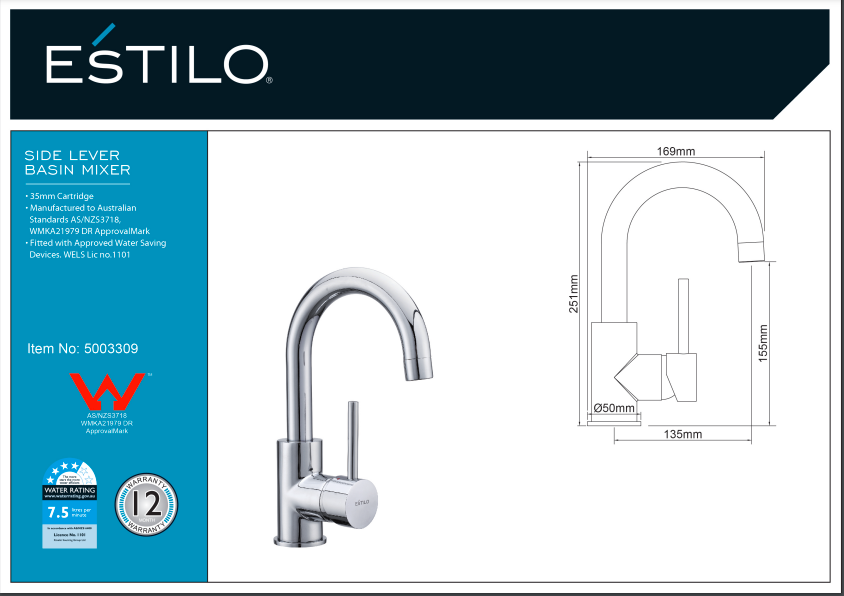 Estilo – Side Lever Mixer Basin – Tech Spec