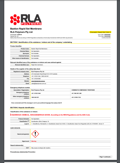 Bastion 15kg Rapid Set Membrane – Material Safety – Tech Spec