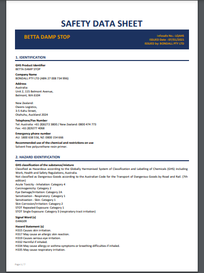 Gripset Betta 1L Damp Stop Waterproofing Primer – material safety ...