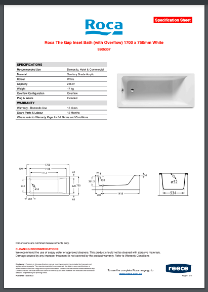 Specification-Sheet-Roca-The-Gap-Inset-Bath-with-Overflow-1700-x-750mm ...